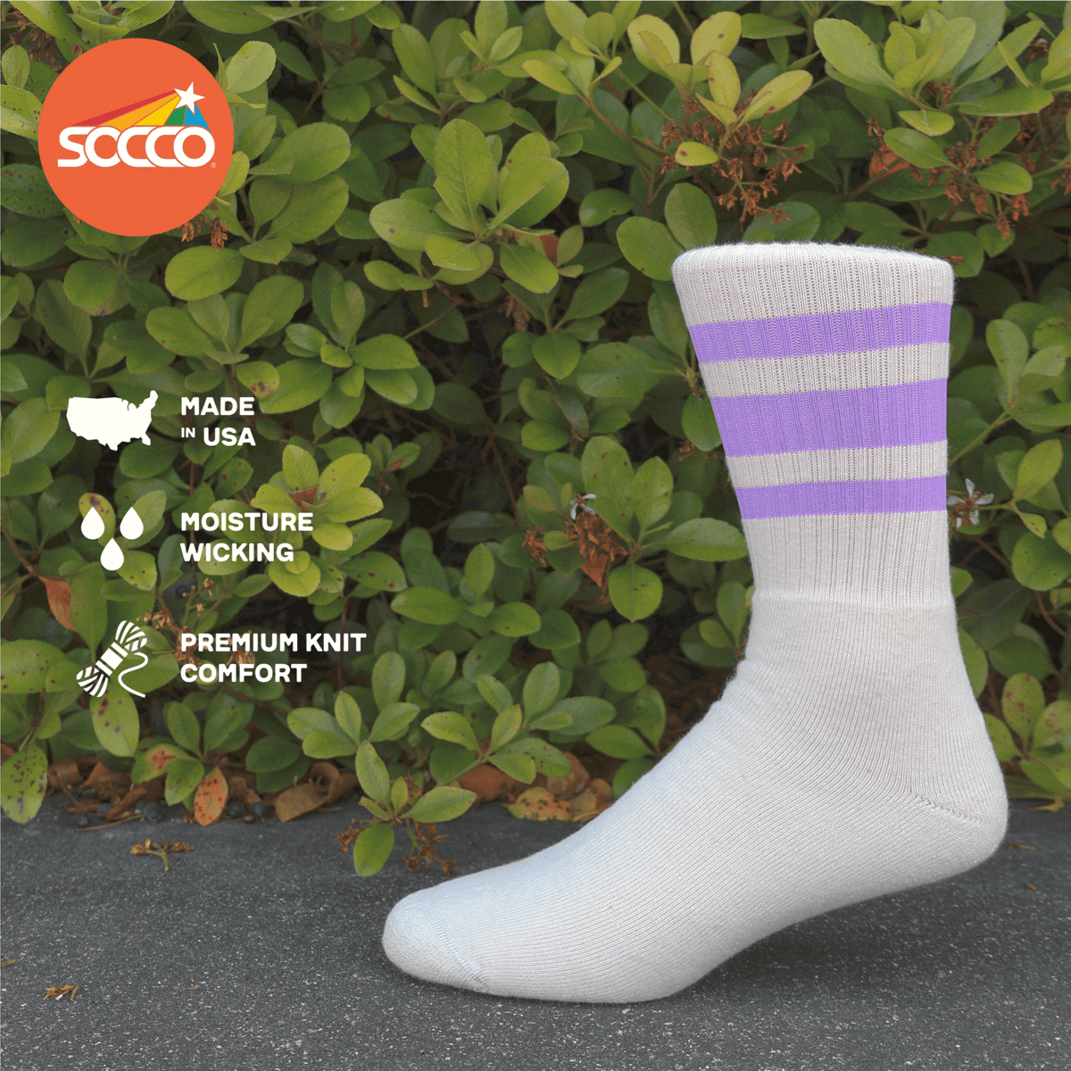 Natural Cotton Lilac Striped Crew Socks | Made in USA – SOCCO®
